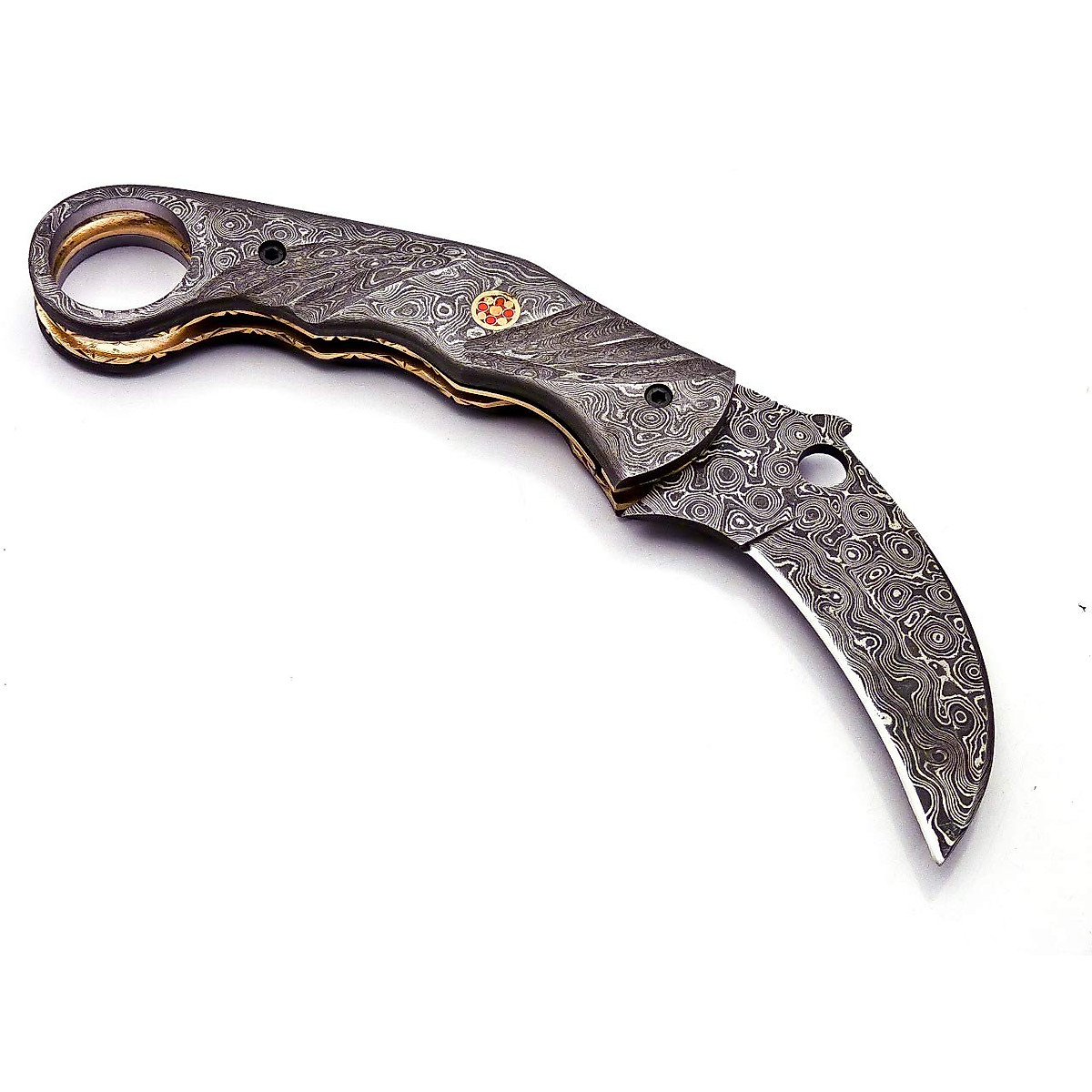 8.5" Handmade Damascus Folding Pocket Knife Karambit Knife Hunting Knife Handle Damascus Steel with Leather Sheath 108, 203