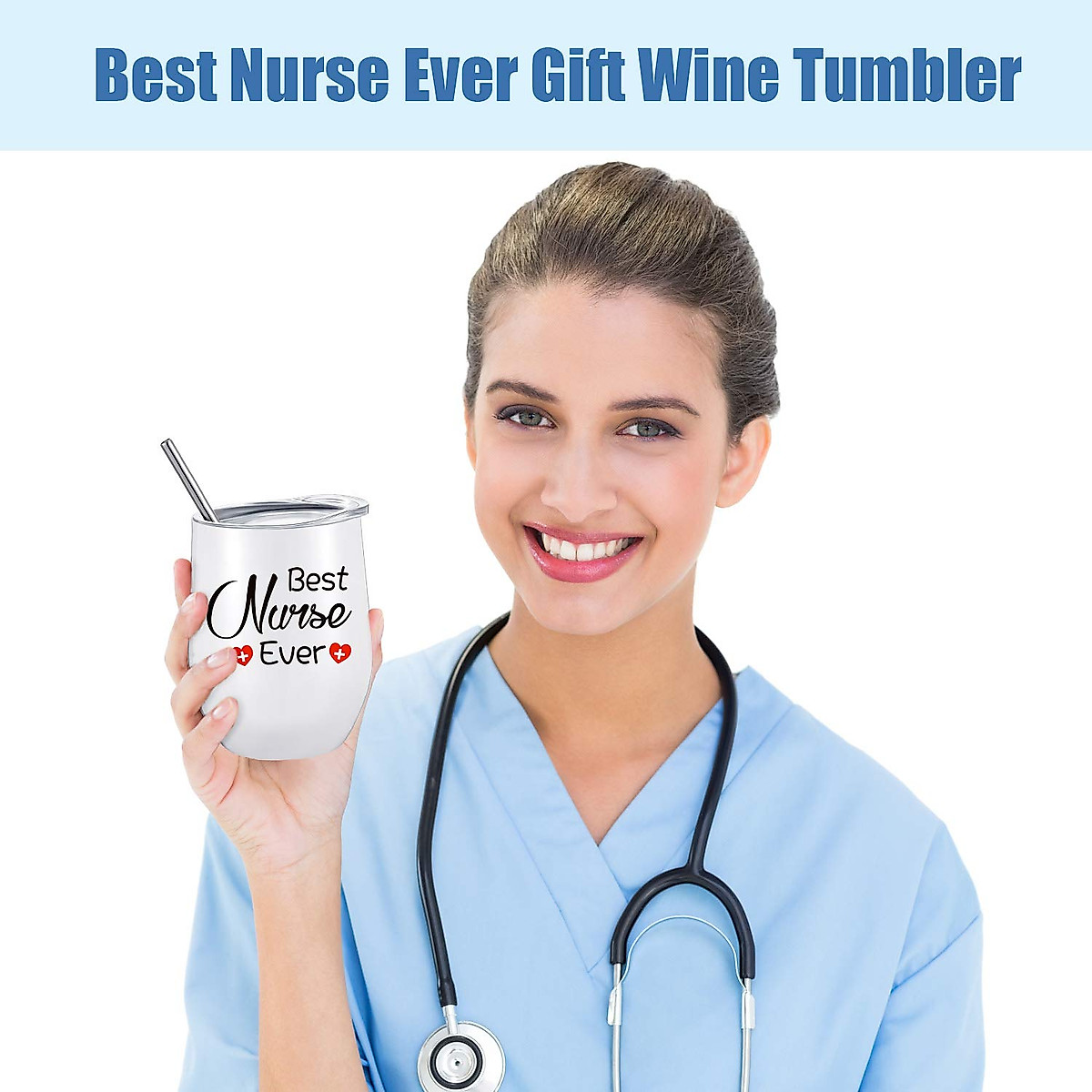 Nurse Gifts for Women, Best Nurse Ever, Thanksgiving Christmas Birthday, 12 oz Stainless Steel Nurse Travel Wine Tumbler with Lid, Straw and Gift Box