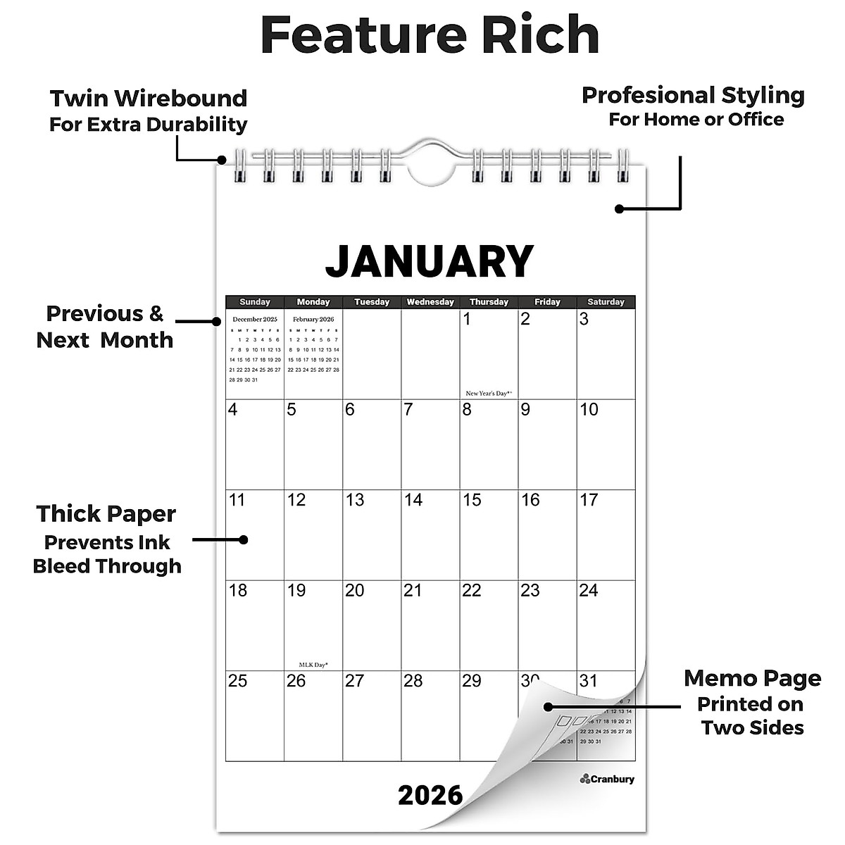 CRANBURY 2023 Small Wall Calendar - (5.5x8.5"), Mini Notepad Calendar, Little Wall Calendar 2023 for Desk, Fridge, or Bulletin Board, Includes Stickers