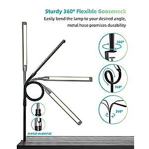 LED Desk Lamp with Clamp, 12W Gooseneck Task Light with 24V Adapter, 5 Brightness Levels & 5 CCT Adjustable Clip Table Lamp, Timer & Memory Functions, Eye-Caring Clamp-on Desk Lamps for Home Office