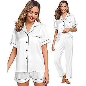 SWOMOG Womens 3pcs Satin Pajamas Shorts Set Button Down Short Sleeve Pjs Loungewear Long Lounge Pants with Pockets White