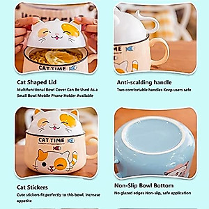 Ramen Bowl with Lid, Cute Cat Instant Noodle Bowl, 34.5 OZ Ramen Cooker with Chopsticks and Spoon, Bowl with Handle For Soup, Salad, Cereal, Pasta, Dessert(Pink)