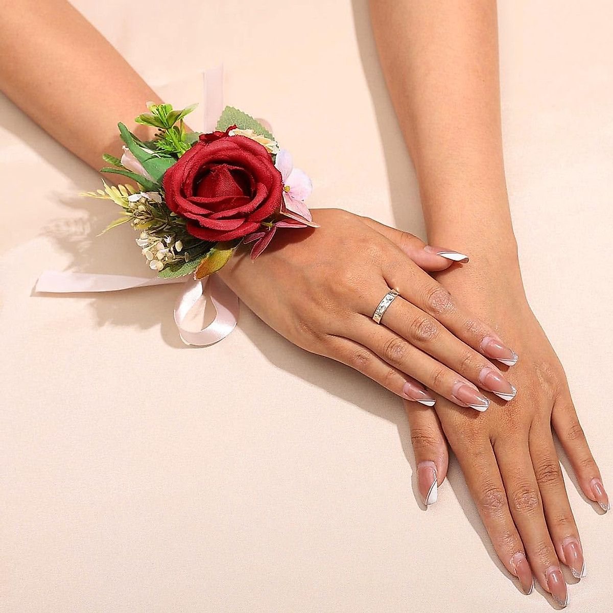 Latious Wedding Bride Wrist Corsage Red Artificial Wrist Flower Flowergirl Hand Flowers Bridal Prom Party Accessories for Women and Girls (A-Red)