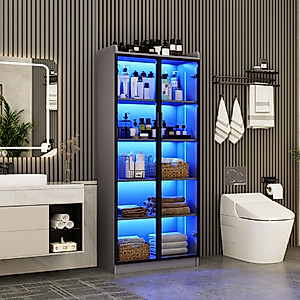 Storage Cabinet with Doors Adjustable Shelves - 65" Grey Tall Kitchen Pantry Organizer with Metal Handle/LED Lights/Human Sensor - 5 Tier Display Bookcase for Bedroom Living Room Office