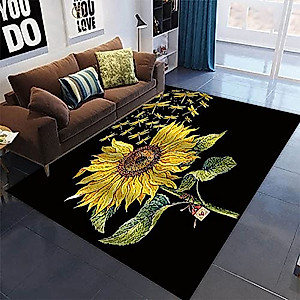 Fluffy Rug 8x10 Feet / 240x300 cm Faux Wool Indoor Accent Rug Non-Slip Low-Pile Carpet for Entrance Living RoomBedroom Dining Table Black Gold Green Sunflower Pattern