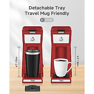 Teglu Single Serve Coffee Maker for K Cup & Ground Coffee, Single Cup Coffee Maker 6 to 14 oz, Fits Travel Mug 6.7", CM-206, Red