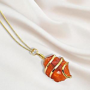 Carnelian Crystal Necklace with Gold Spiral Carnelian Raw Stone - Carnelian Pendant Women Wire Wrapped Pencil Jewelry with Adjustable Gold Chain and Premium Velvet Pouch (Extra Free Boho Necklace)