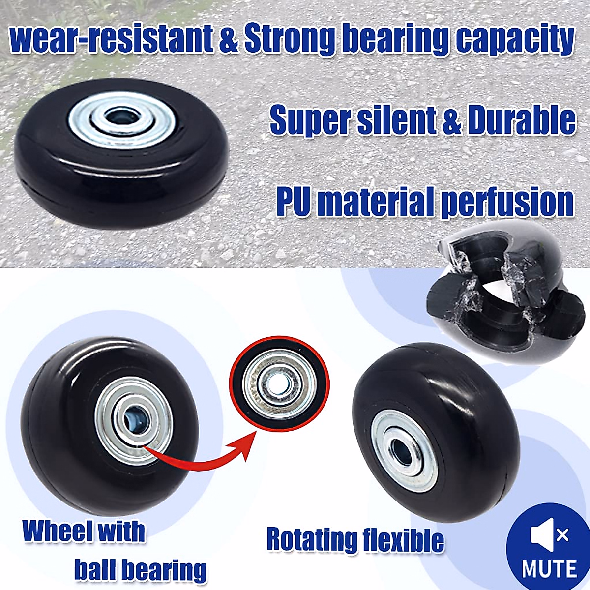 45mm Set of 4 Luggage Suitcase Replacement Wheels for Trolley Case Wheels Travel Bags Caster Inline Roller Skating Roller Swivel Rubber Wheels Bearings Repair Kits with Axles 30mm&35mm&60mm
