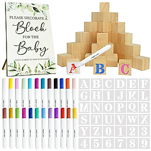 Geeday Baby Shower Blocks to Decorate 111 Pcs Includes 36 Stencils 50 Blank Baby Blocks 24 Acrylic Markers - Plain Wooden Blocks Great for Boho Baby Shower Decorations Gender Reveal Baby Shower Games