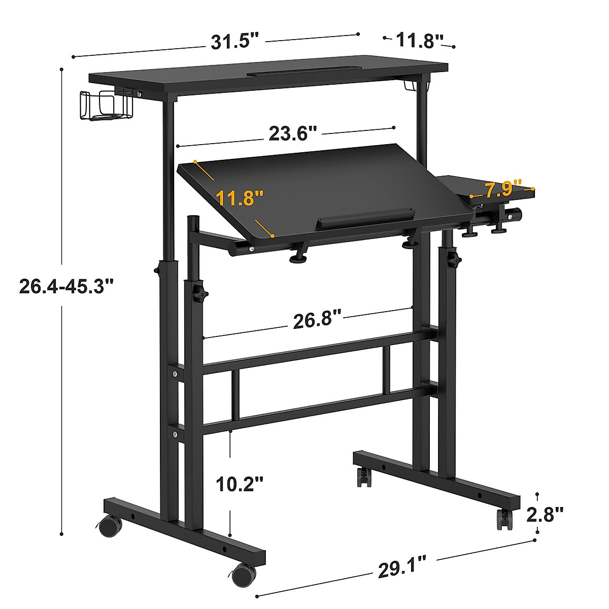 SogesPower 2 Platforms Mobile Laptop Desk Adjustable Side Table Computer Stand for Bed Sofa,Mobile Standing Desk with Cup Holder and Hooks,Black