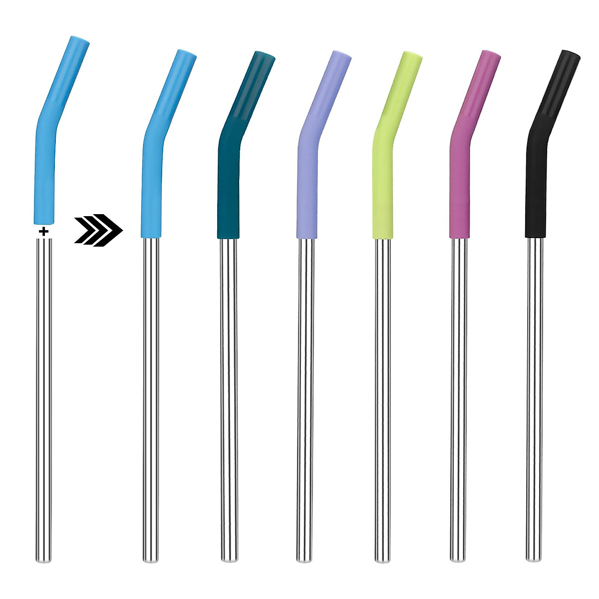 Sursip Set of 6 reusable stainless steel straws with silicone, 8mm Wide Straws for Smoothies Shakes,6 Steel Straws,6 Silicone Tips,1 Straw Cleaning Brush,Removable and easy to clean