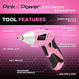 Pink Power Cordless Screwdriver Set - 3.6V Electric Screwdriver Rechargeable Screw Gun Kit - Automatic Mini Pink Drill Set for Women - Portable Small Drill Battery Powered Screwdriver LED Light
