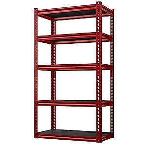 REIBII Garage Shelving Heavy Duty 72" Garage Storage Shelves 5 Tier Adjustable Heavy Duty Shelving 1750LBS Metal Storage Shelving Unit for Basement Garage Storage Rack 72"H x 16.8"D x31.8"W Red Black