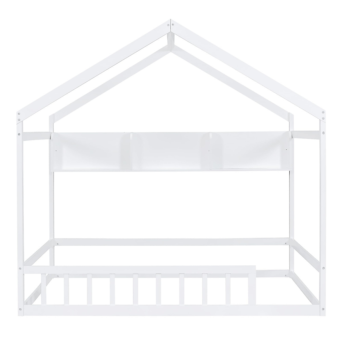 P PURLOVE Full Size House Floor Bed Frame with Storage Shelf, Full Size Montessori Floor Bed with Fence for Kids,Girls,Boys,Wood Floor House Bed with Roof for Kids,White