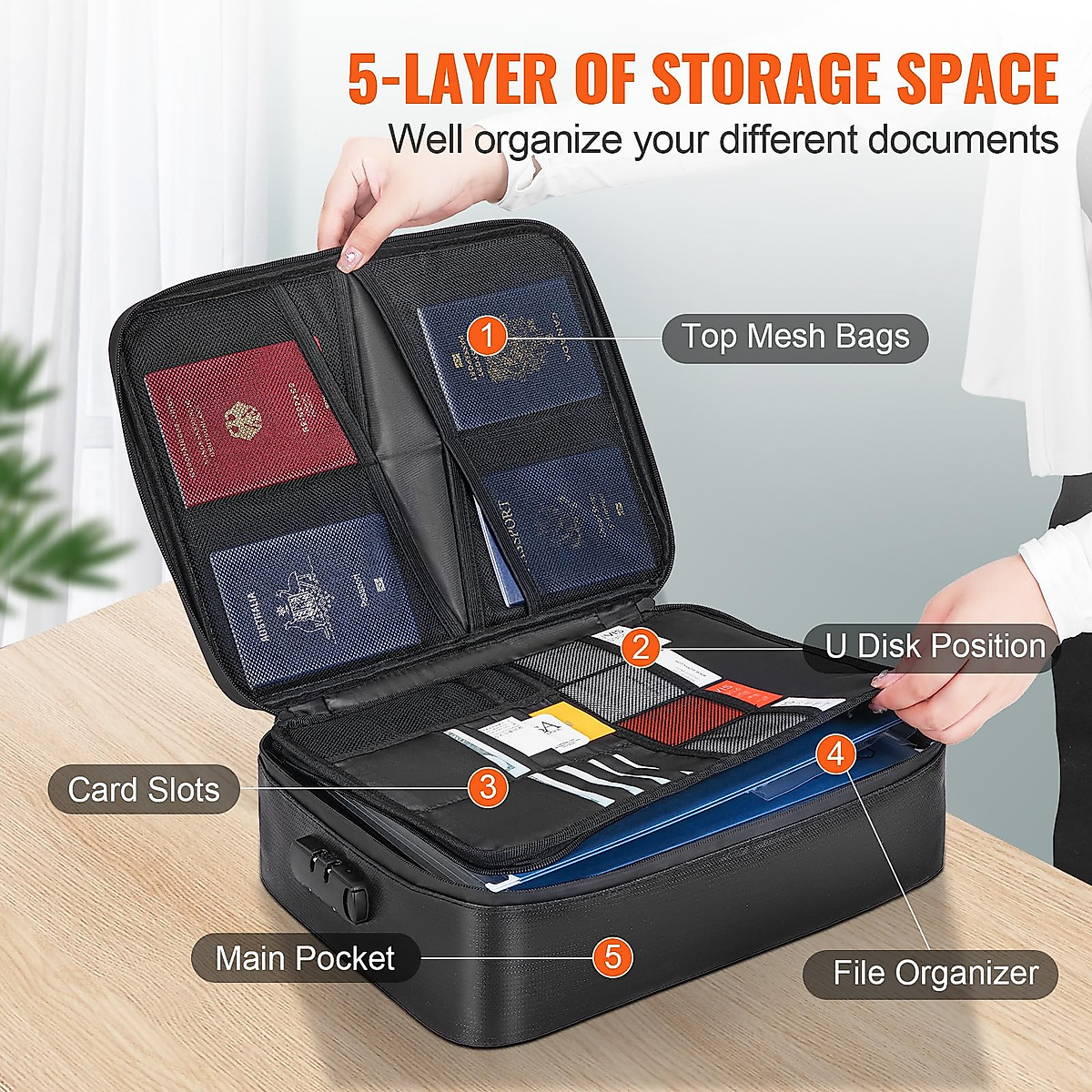 VEVOR Fireproof Document Box, Fireproof Document Bag with Lock 2000℉, 3-Layer Fireproof and Waterproof File Box 14.17x10.63x4.13 inch with Zipper, for Money, Documents, Jewelry and Passport