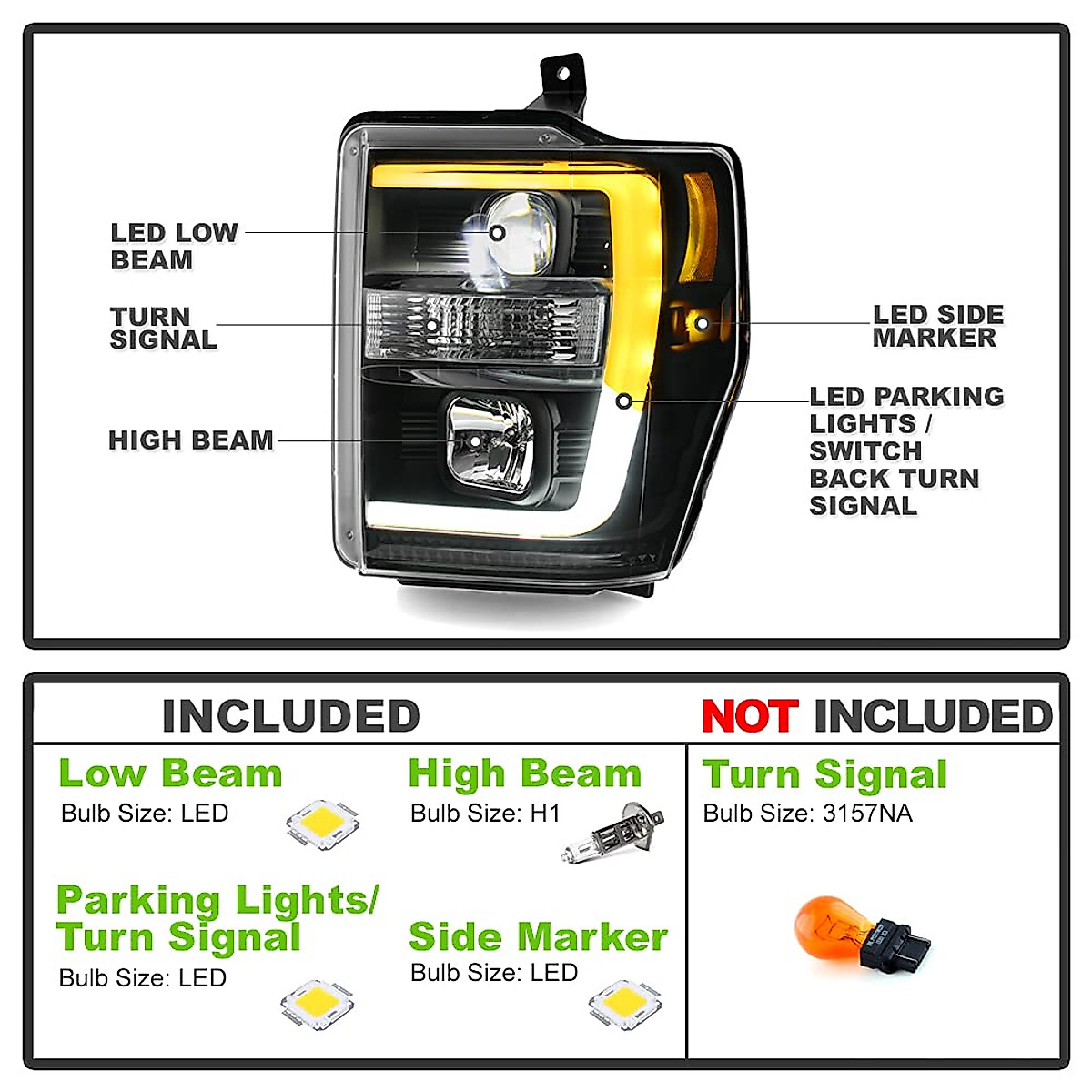 ACANII - For 2008-2010 Ford F250 F350 SuperDuty Black w/Switchback LED Tube Built-In LED Projector Headlights Headlamps