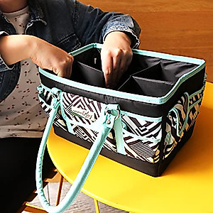 Everything Mary Teal Geometric Deluxe Store and Tote - Storage Organizer Bag for Crafts, Sewing, Paper, Art, Desk, Canvas, Supplies Storage Organization - Travel Art Box with Handle