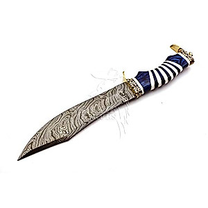 Skokie Knives Custom Hand Made Damascus Steel Hunting Bowie Knife Handle Camel Bone (Blue)