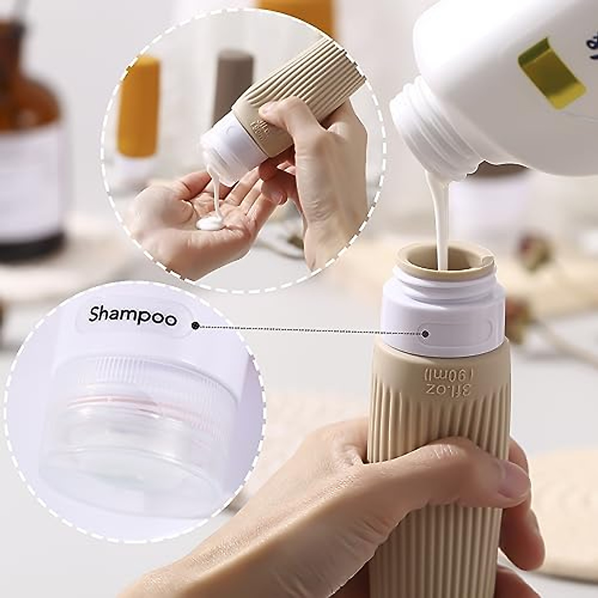 LIYUABU Silicone Travel Bottles for Toiletries,Tsa Approved 3oz Portable Refillable Travel Bottles,Leak Proof BPA Free Squeezable Travel Size Containers Accessories with Toiletry Bag（4Pack Brown）