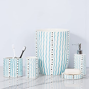 RZCNC Small Trash Durable Garbage Can Waste Basket for Bathroom, Bedroom, Office and More 2.75 Gallon Capacity with Stylish Blue Wavy Line Ceramic