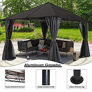 COOSHADE 10×10 Hardtop Patio Gazebos Waterproof Outdoor Gazebo with Curtains and Mosquito Netting (Dark Grey)