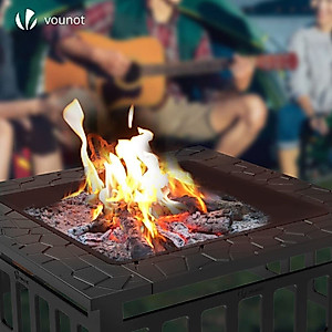 VOUNOT 3 in 1 Metal Square Firepit 32 inch Heavy Duty Fire Pit Table Outside Wood Burning Fire Pits with Spark Screen Lit and Rain Cover for Camping Garden Patio, Black
