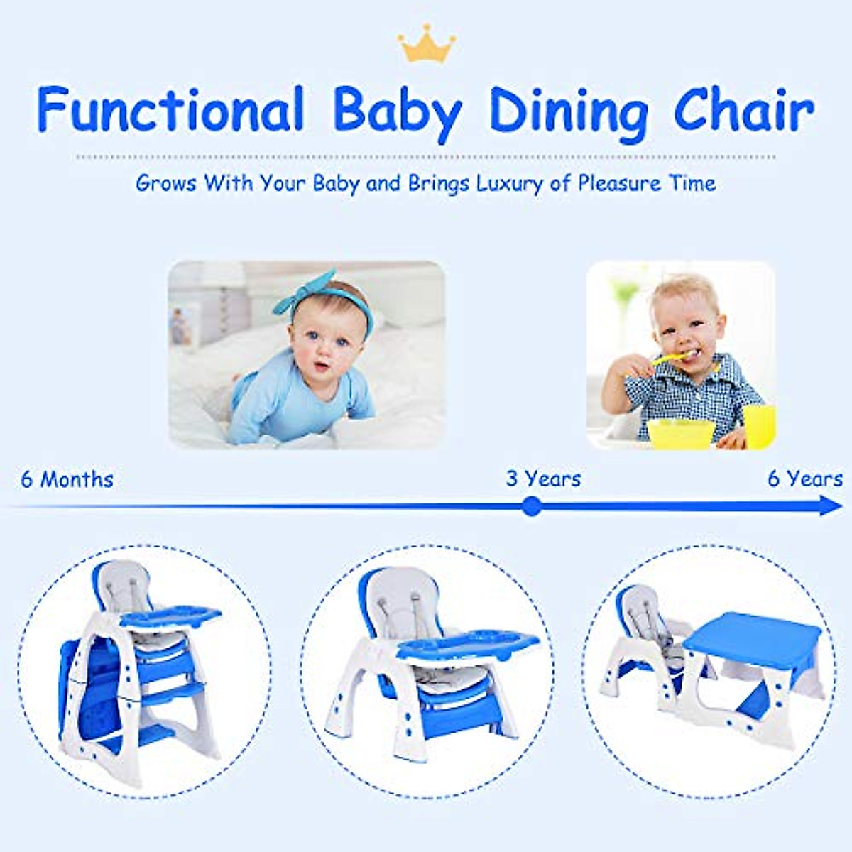 Costzon Baby High Chair, 3 in 1 Infant Table and Chair Set, Convertible Booster Seat with 3-Position Adjustable Feeding Tray, Adjustable Seat Back, 5-Point Harness (Blue)