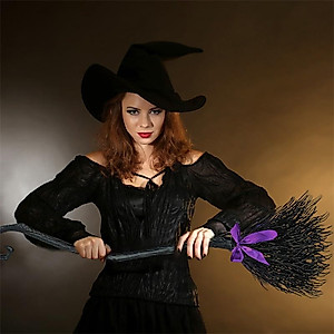 Witch Broom with Ribbon, Halloween Decoration Party Favor Photo Booth Accessories (Black, 130cm*25cm)