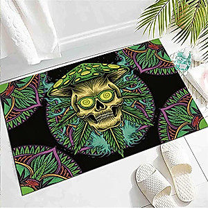 LGGQQW Trippy Weed Psychedelic Mushroom Skull Area Rug Hippie Green Plants Carpet for Bedroom Living Room Decor