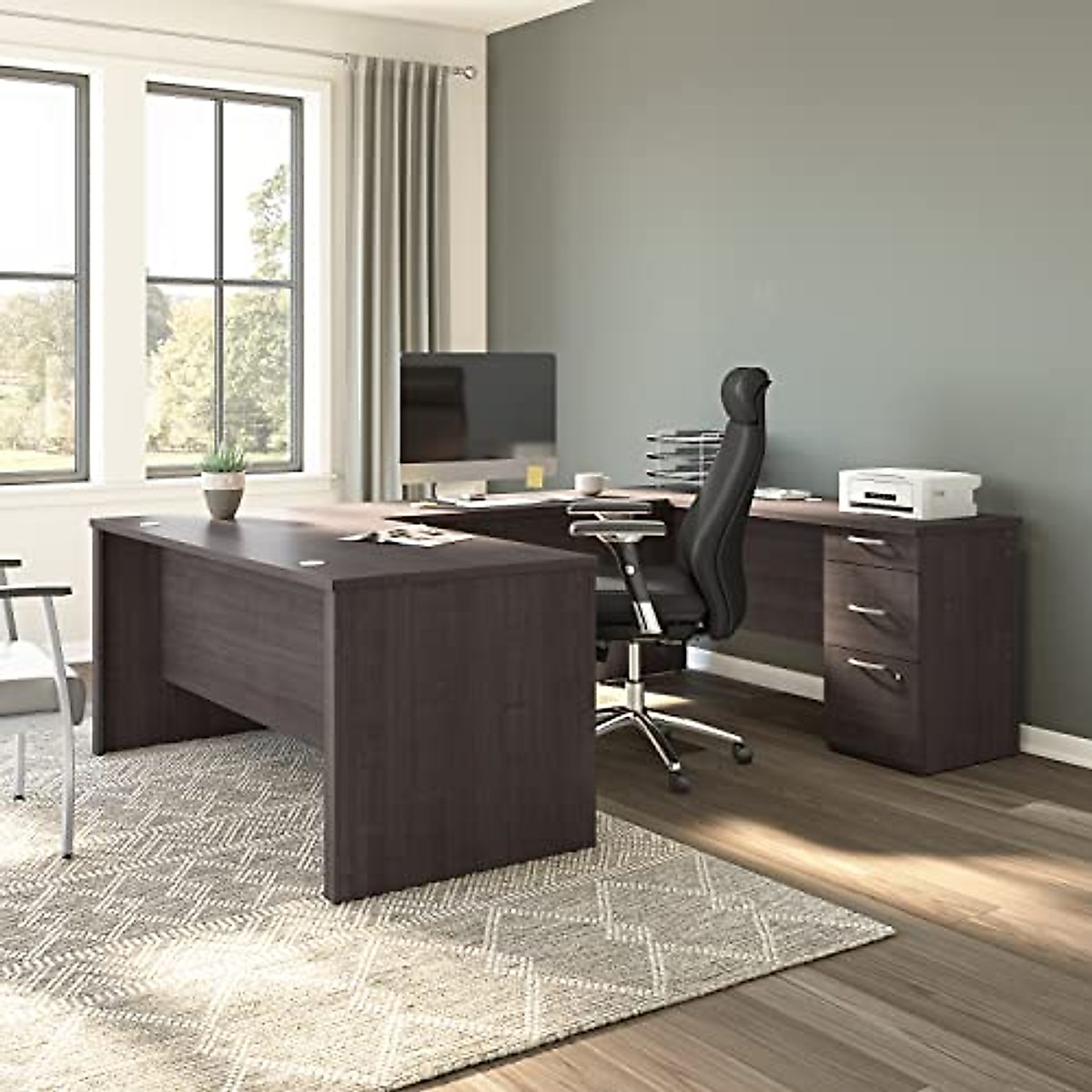 Bestar Logan U Shaped Desk in Charcoal Maple, 65W