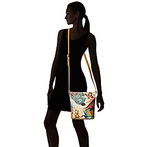 Anna by Anuschka Genuine Leather V-Shap Flap Crossbody Bag | Hand-Painted Original Artwork | Peacock Collage
