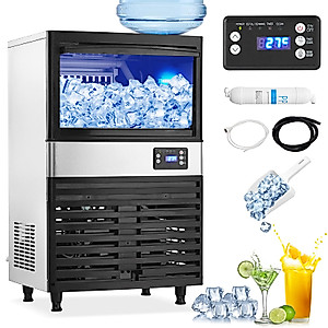 Commercial Ice Maker Machine 120Lbs/24H with 26Lbs Storage Capacity, 60Pcs/Cycle Ice Cubes, Stainless Steel Under Counter Freestanding Ice Machine, 2 Water Inlet Modes