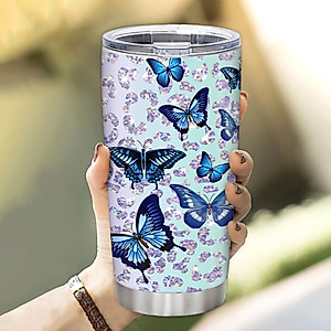 Hyturtle Personalized Gifts For Butterfly Lover - Butterflies Prints Custom Name Stainless Steel Tumbler 20oz With Lid - Idea Butterfly Lover Gifts For Women Girl Kids On Birthday, Christmas
