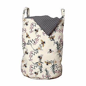 Ambesonne Floral Laundry Bag, Vintage Craftwork Look Honey Bee Flowers Petals Print, Hamper Basket with Handles Drawstring Closure for Laundromats, 13" x 19", Ivory Lilac