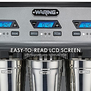 Waring Commercial WDM360TX Heavy-Duty Triple Spindle Drink Mixer, Each Spindle Has Independent 1hp Motor, with Countdown Timer, Digital Display, Automatic Start/Stop, 120V, 5-15 Phase Plug,Silver