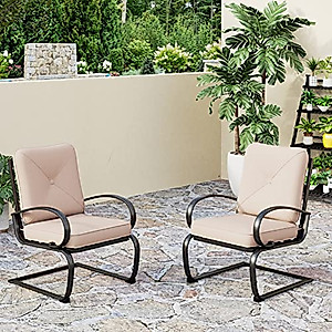 PHI VILLA Patio Spring Motion Metal Dining Chairs Set of 2, Rocking Chairs with Padded Cushion for Deck,Porch,Beige