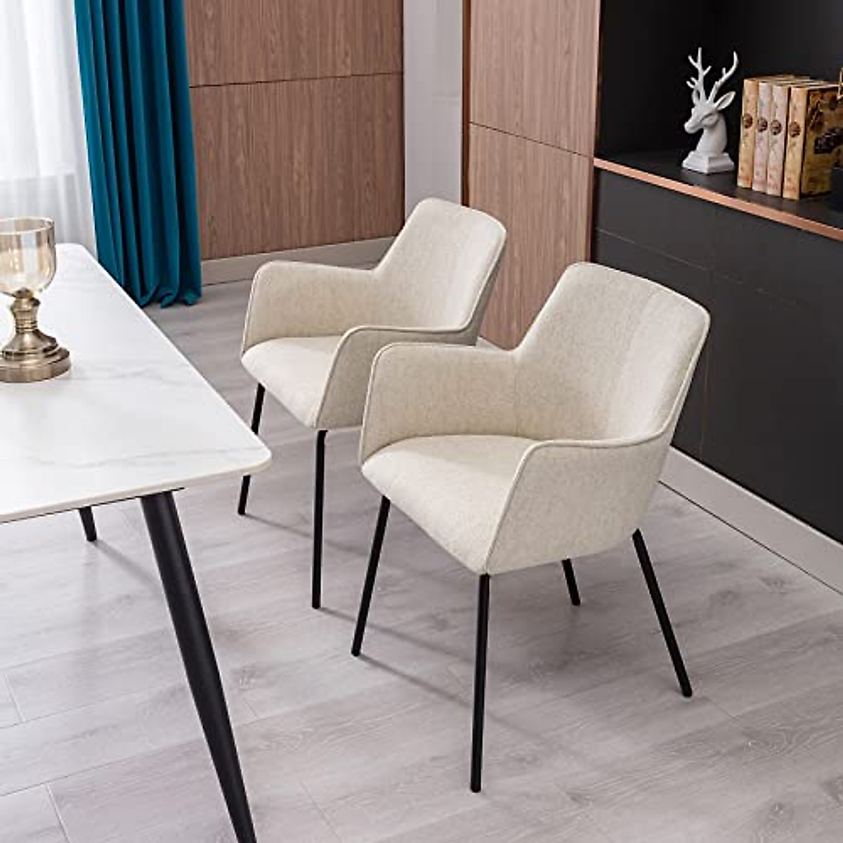 ONEVOG Beige Dining Chairs Set of 2, Kitchen Dining Room Chair with Curved Back Support, Upholstered Fabric Kitchen Chairs for Small Space, Black Metal Legs Dining Chairs