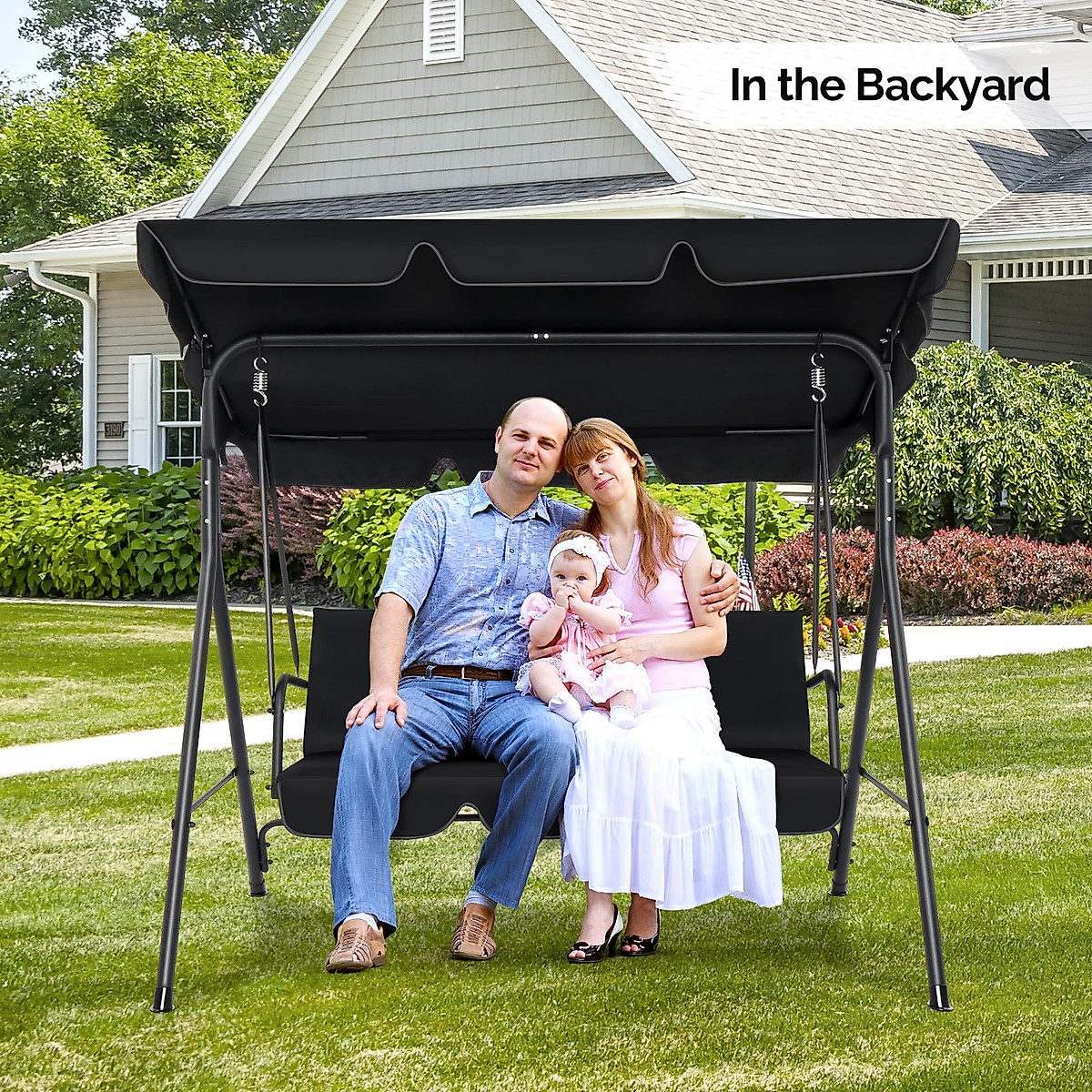 VINGLI 2 Person Outdoor Patio Swing Set, Adjustable Canopy Swing with Cushion, Heavy Duty 550 LBS Porch Swing with Steel Frame Suit for Yard, Garden, Lawn, Black