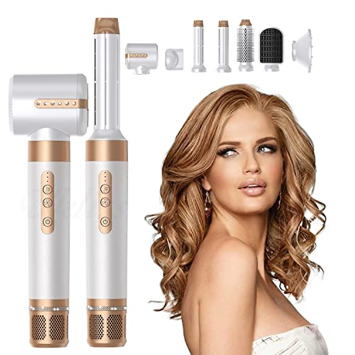 Hot Air Hair Blow Dryer Brush Set, 7 in 1 Hot Air Brush Styler Dryer and Volumizer with Negative Ion Anti-frizz 110,000 RPM High Speed Hair Brush Blow Dryer Straightener for Women, Gold White