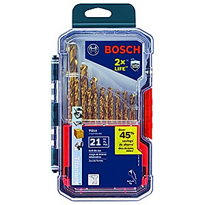 BOSCH TI21A 21-Piece Assorted Set Titanium Nitride Coated Metal Drill Bits with Included Case with Three-Flat Shank for Applications in Heavy-Gauge Carbon Steels, Light Gauge Metal, Hardwood