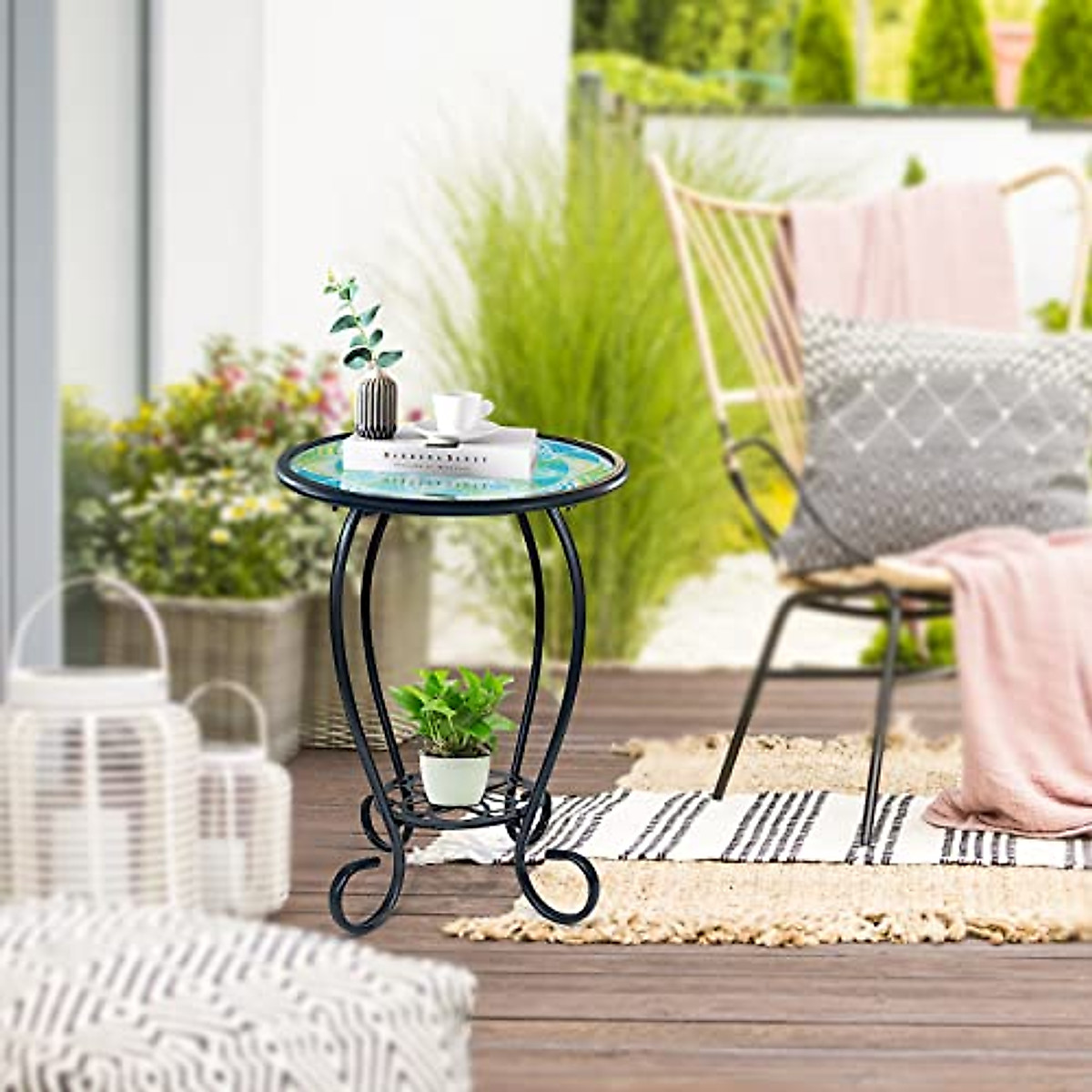 HONGLAND Mosaic Outdoor Side Table, 14" Round Patio Side Table, Mosaic Plant Stand, End Table W/Storage Shelf, Small Bistro Coffee Table for Garden Patio Porch Living Room(Green)