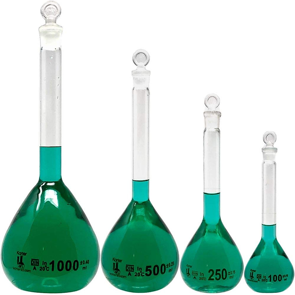 Volumetric Flask Set - 4 Sizes - 100, 250, 500, and 1000ml, 3.3 Boro Glass, Class A, Ground Stopper, Karter Scientific 213W18