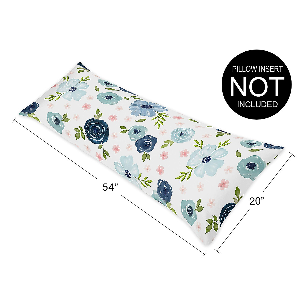 Sweet Jojo Designs Navy Blue and Pink Watercolor Floral Body Pillow Case Cover (Pillow Not Included) - Blush, Green and White Shabby Chic Rose Flower Polka Dot