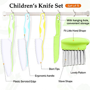 TAORISH 5 Pcs Kids Knives, Kids Safe Cooking Knife, Plastic Kids Kitchen Knife Set with Crinkle Cutter, Serrated Edges Toddler Knife Kids Knives for Real Cooking & Cutting Fruit, Bread, Vegetable