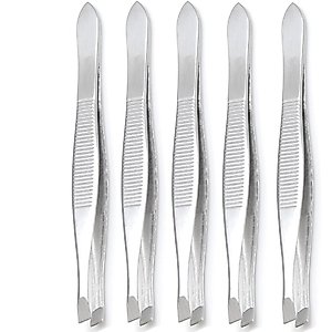 Luxxi (5 Pack) Slant Tweezers - Precision Sturdy Stainless Steel Slant Tip Tweezers Hair Plucker for Hair and Eyebrows Personal Care (Silver Tone)