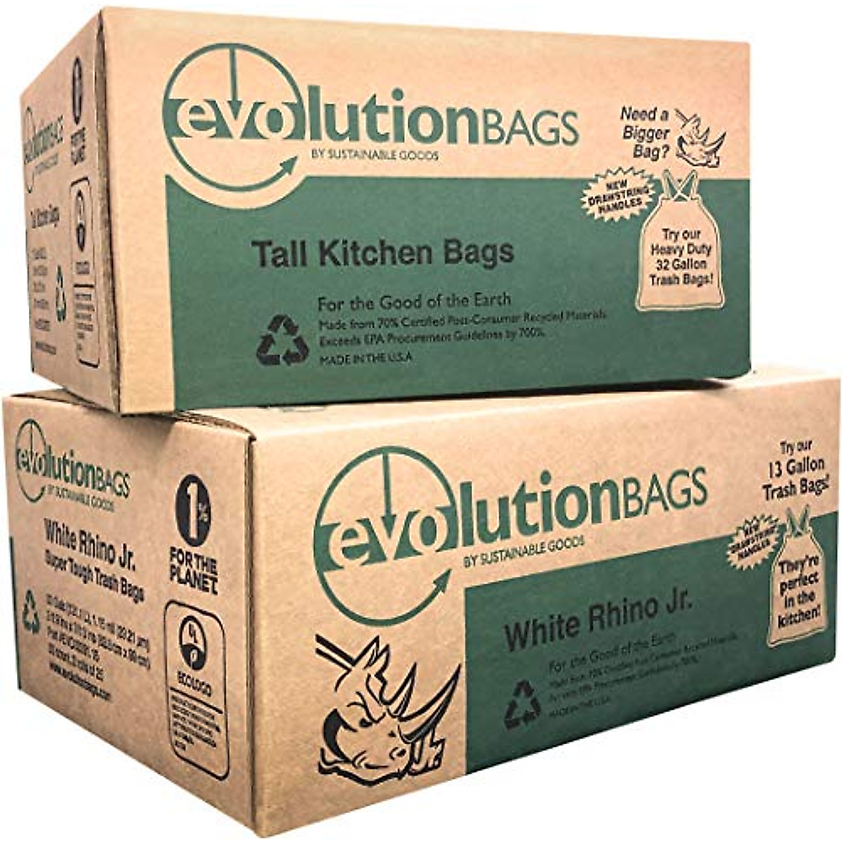 **NEW** Evolution Trash Bag Tall Kitchen DRAWSTRING, 100 bags/box, made with 70% CERTIFIED PCR material