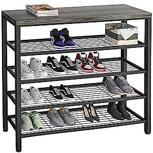 Topfurny Shoe Rack, Industrial Shoe Storage Organizer, Large 5-Tier Metal Shoe Rack Shelves with Wood Board, Entryway Table for Hallway, Living Room, Closet, Bedroom, Black Oak