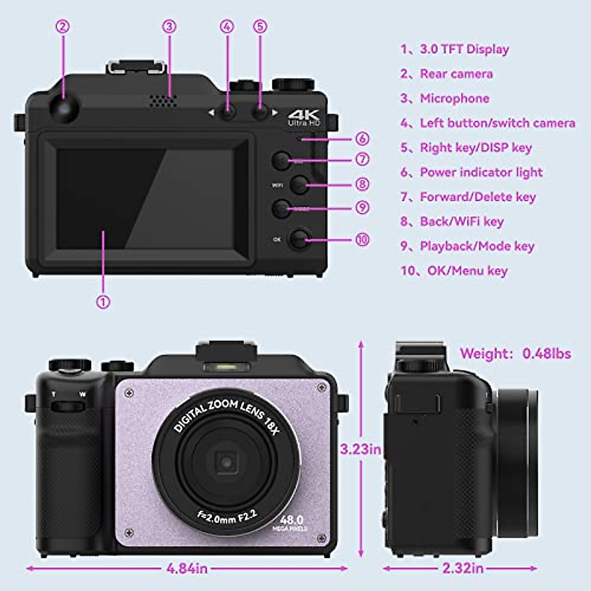 OIEXI 48MP Camera for Photography,4K Digital Camera for Kids and Adults with Front and Rear Dual Cameras,18X Digital Zoom,Built-in 7 Color Filters,32GB TF Card,Rechargeable Battery(Lilac Violet)