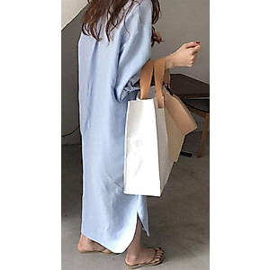 GGUHHU Womens Chic Button Down Rolled-Up Sleeve Long Cotton Blouse Maxi Dress (Medium, Light Blue)