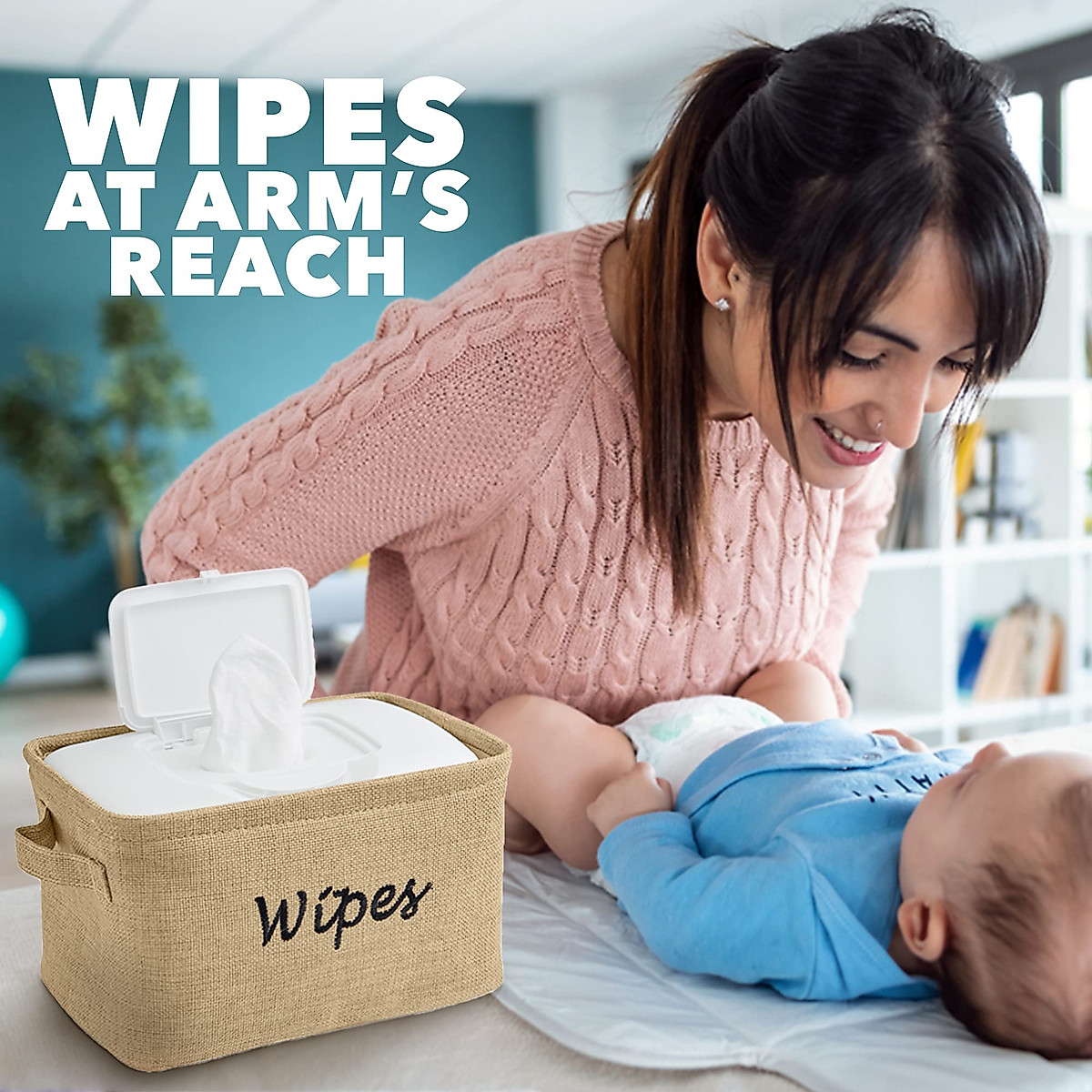 Dejaroo - Baskets for Organizing Wipes and Newborn Essentials, Diaper and Wipes Organizer, Embroidered Baby Shower Gifts for Moms, Linen Basket with Handle, 9 x 6 x 5.5 Inches, Natural